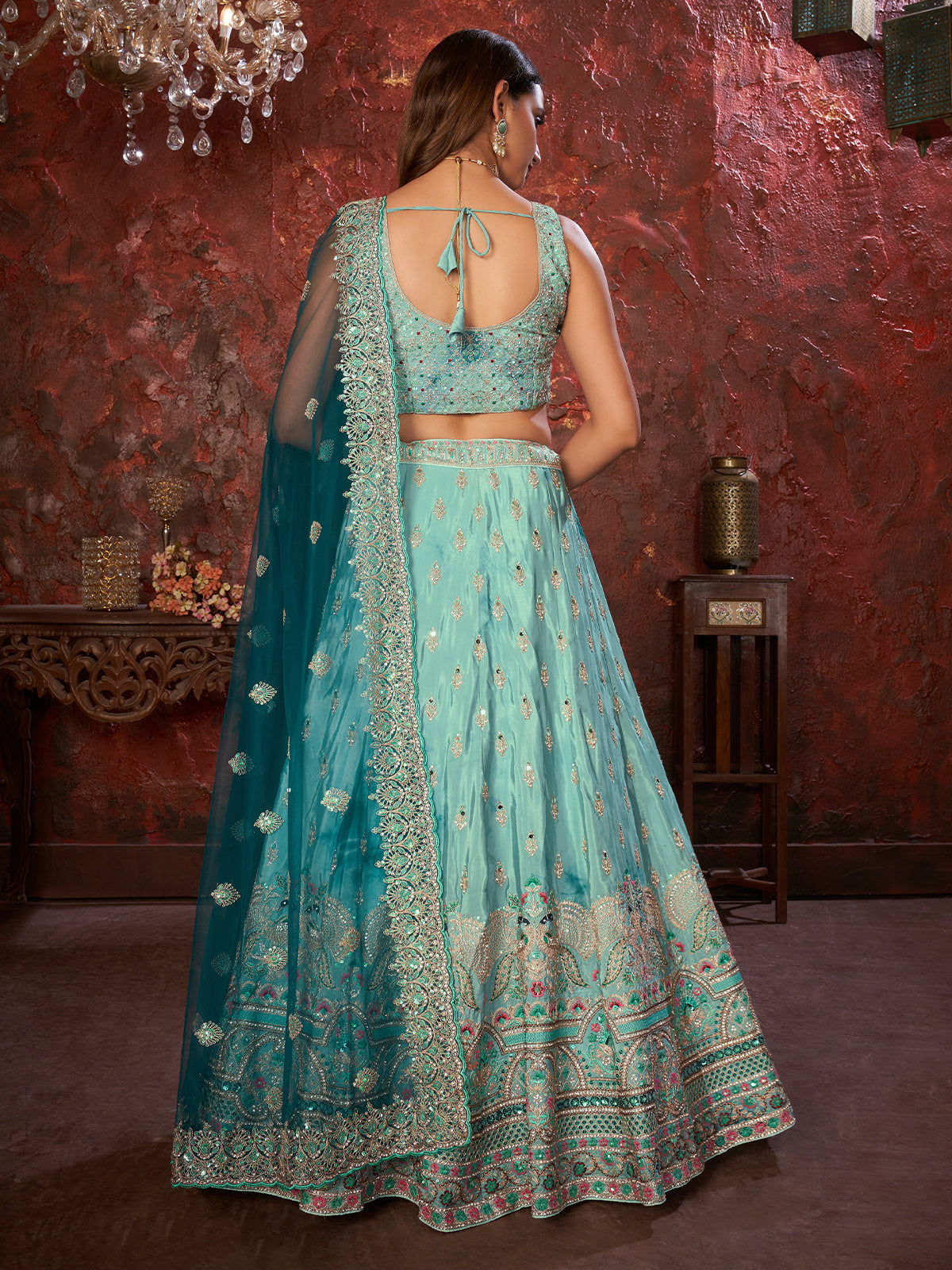 Odette Sky Blue Net Embellished Semi Stitched Lehenga With Unstitched