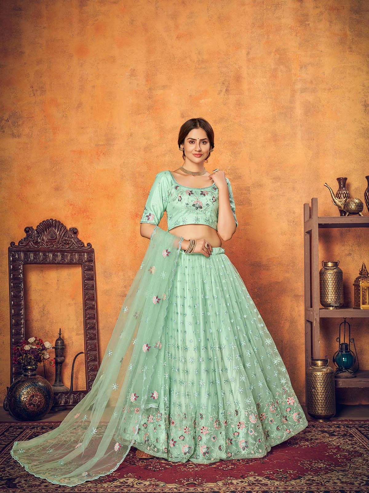 Buy Pretty Mint Green Net Lehenga Set Online. – Odette